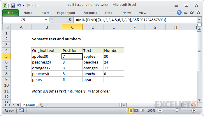 Split Text And Numbers Excel Formula Exceljet